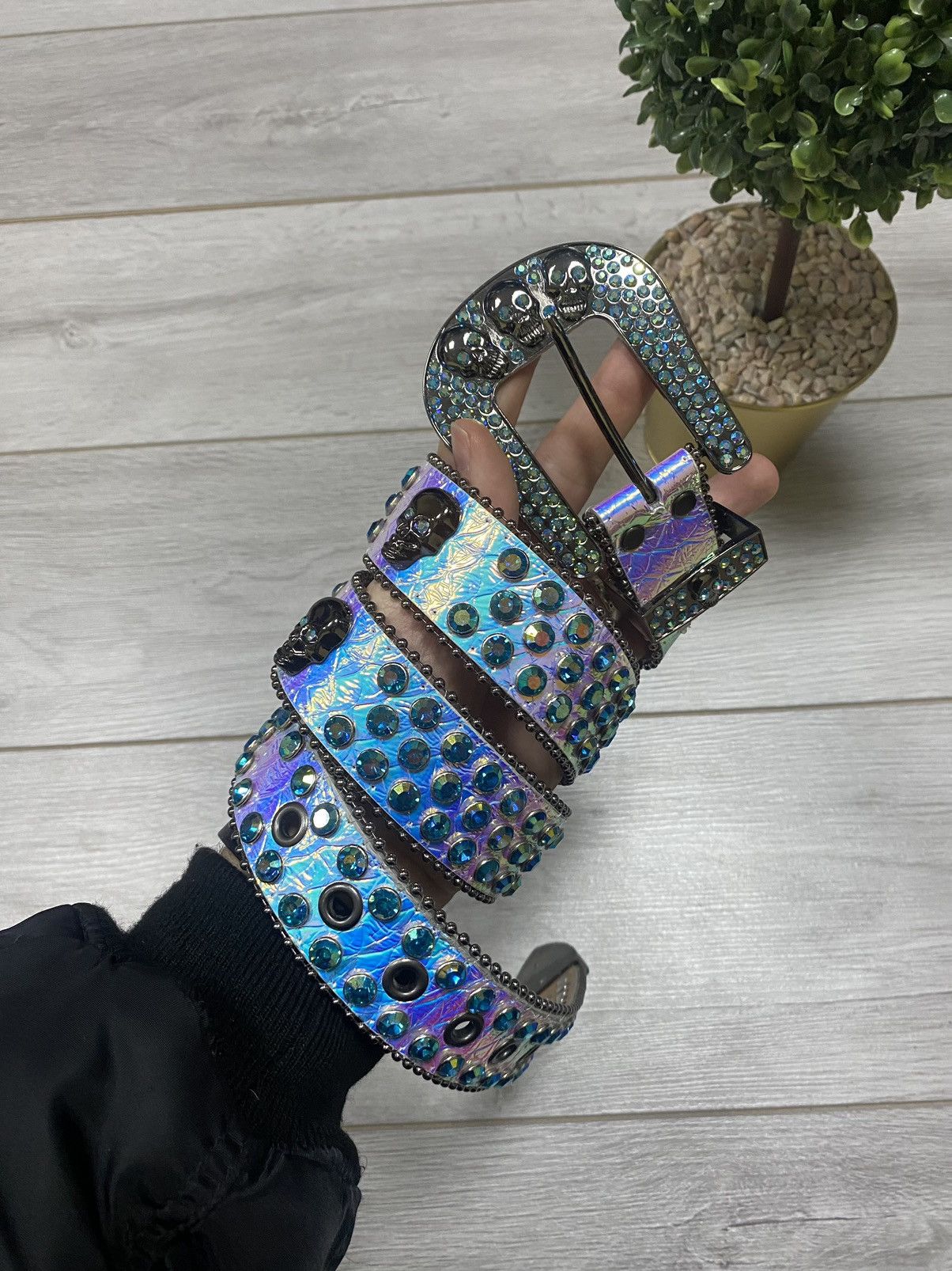 Designer × Streetwear Shimmering BB Simon style skull Y2K fire belt ...