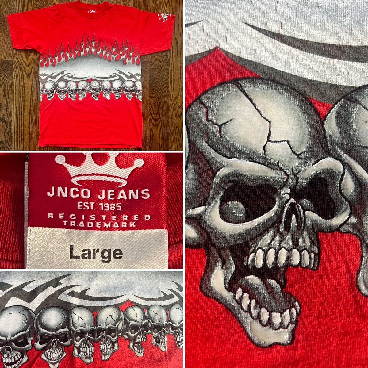 Jnco Vintage JNCO 90s Red Flame Skulls Heavy Screen Print Large | Grailed