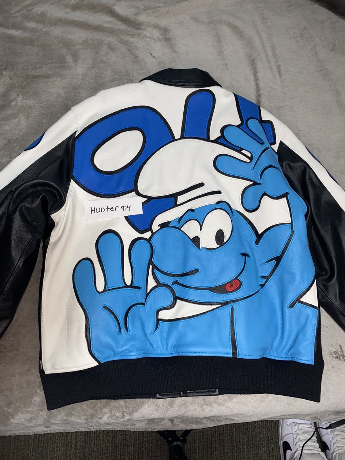Streetwear × Supreme Supreme Smurfs Leather Varsity Jacket | Grailed