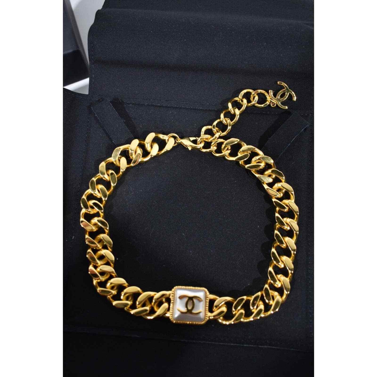 Chanel Chanel REV Gold Cuban Link Chain Pearl White XL CC Choker Grailed