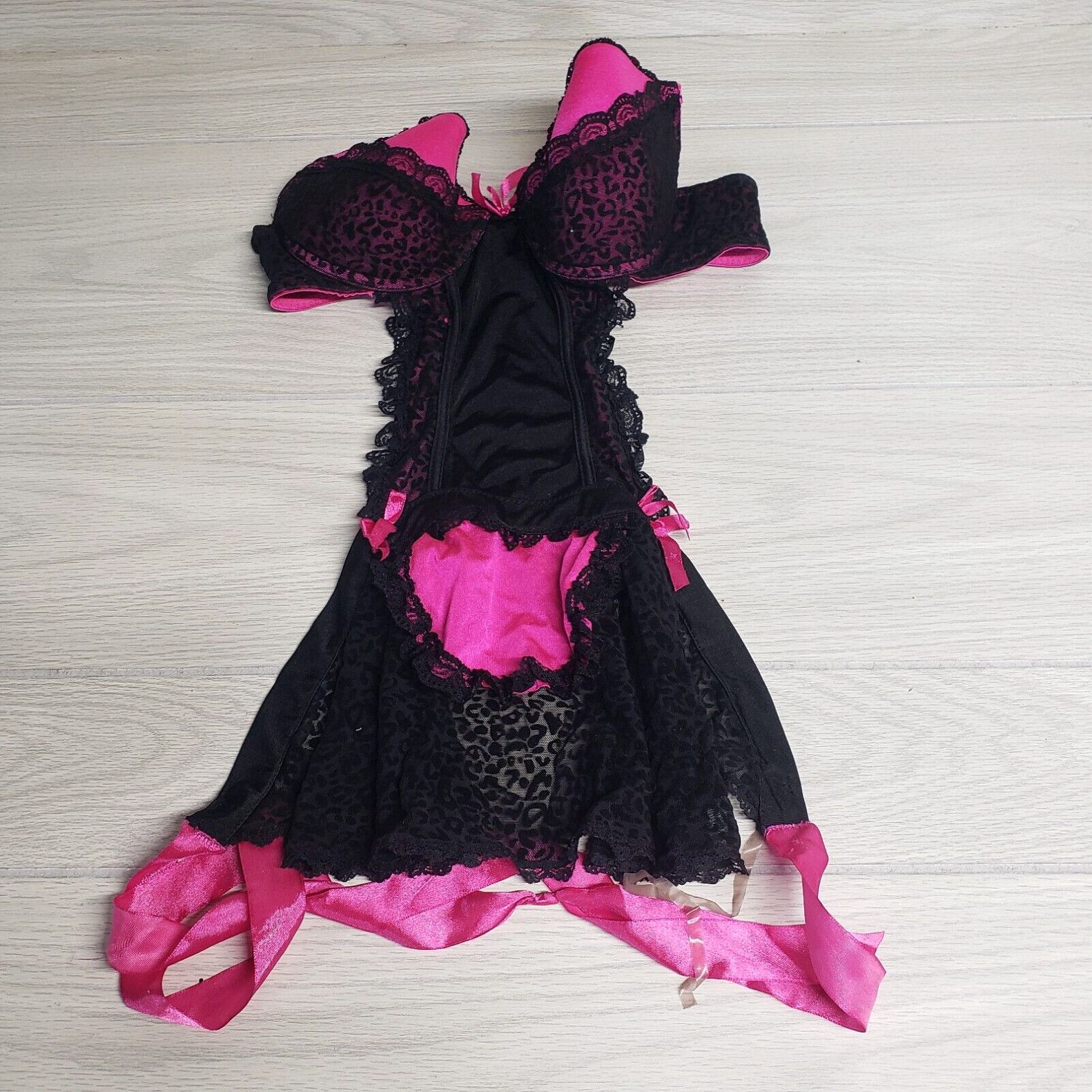 Vintage Spencers Body Rage Lingerie Large Pink Leopard Mesh Velvet Sexy ...