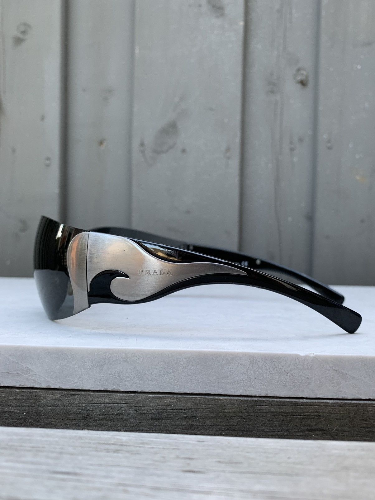 Vintage 2000s Prada Sunglasses Vintage Chrome Wave Flame 58F Rimless ...