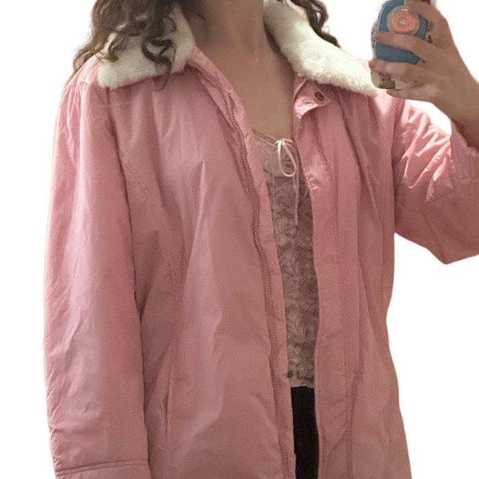 Vintage Vintage Medium Pink Coquette Faux Fur Collared Nylon Jacket ...