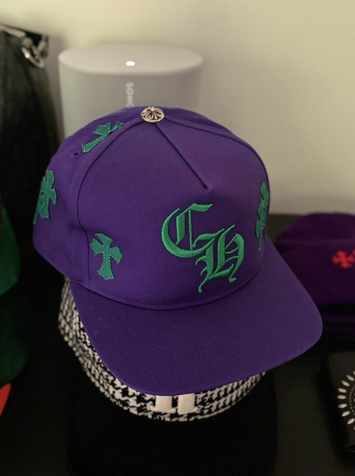 Chrome Hearts JOKER - PURPLE GREEN LEATHER CROSS CH SNAPBACK HAT | Grailed