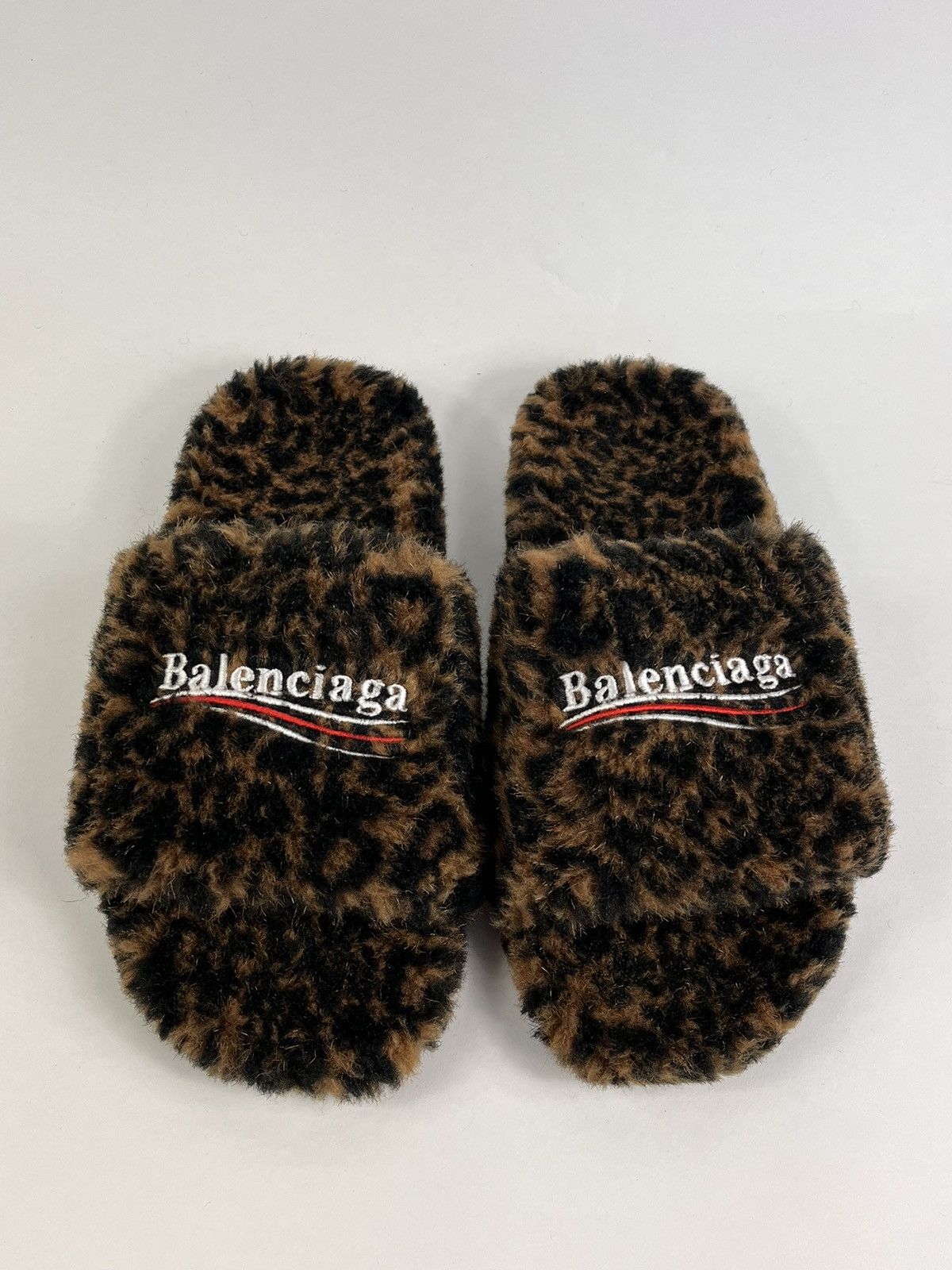 Balenciaga LOGO EMBROIDERED LEOPARD FURRY SLIDES | Grailed