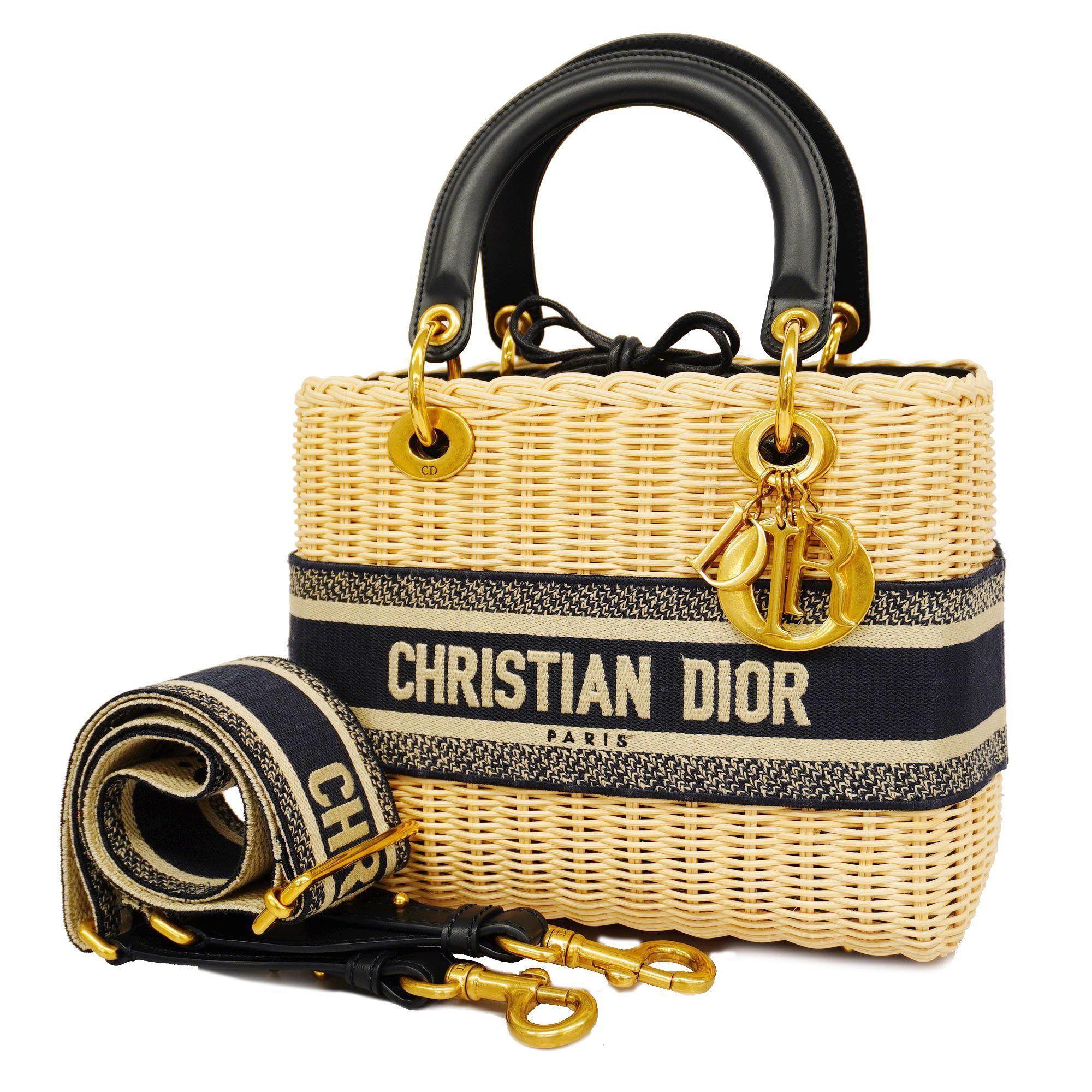 Dior Auth Christian Dior Lady Dior 2way Bag Women's Rattan,Canvas Navy ...