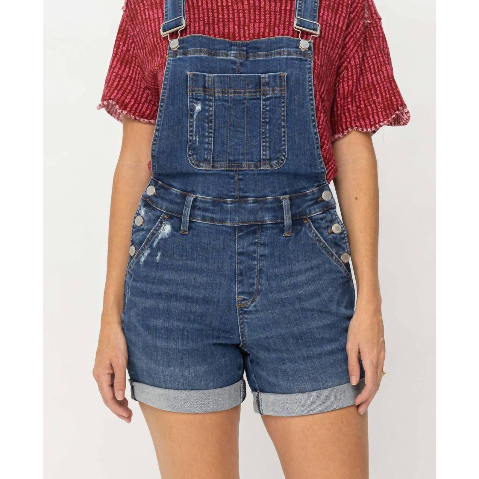 Designer JUDY BLUE High Waist Destroyed & Double Cuff Overall Denim ...