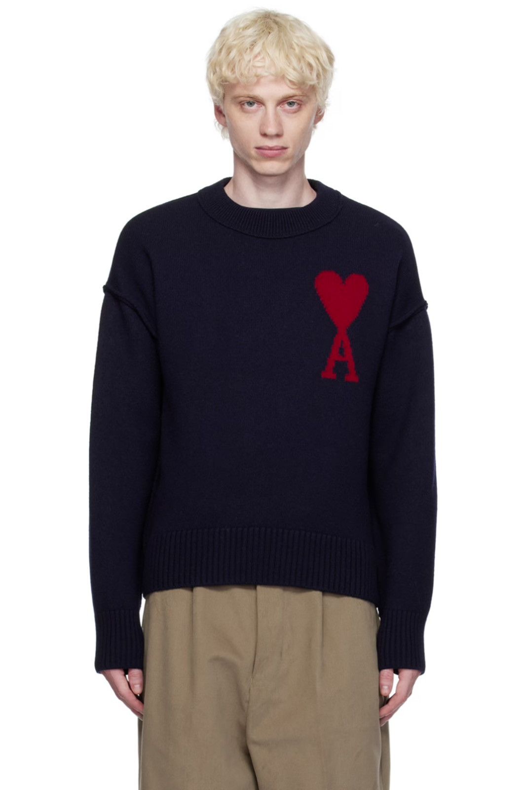 AMI NEW L Navy Ami de Cœur Heart Logo Sweater Virgin Wool Shirt | Grailed