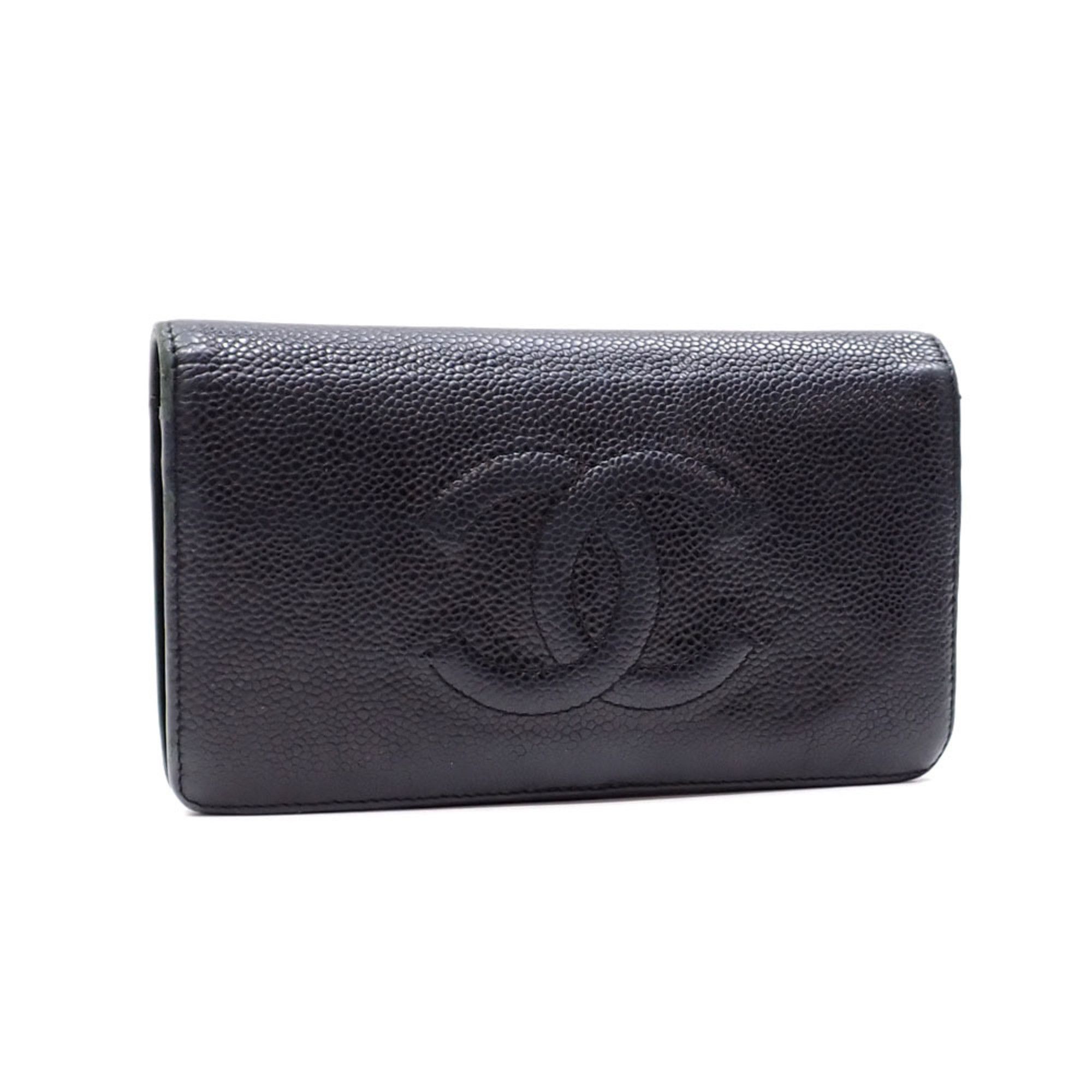 Chanel Chanel Bifold Long Wallet Women's Black Caviar Skin Coco Mark ...