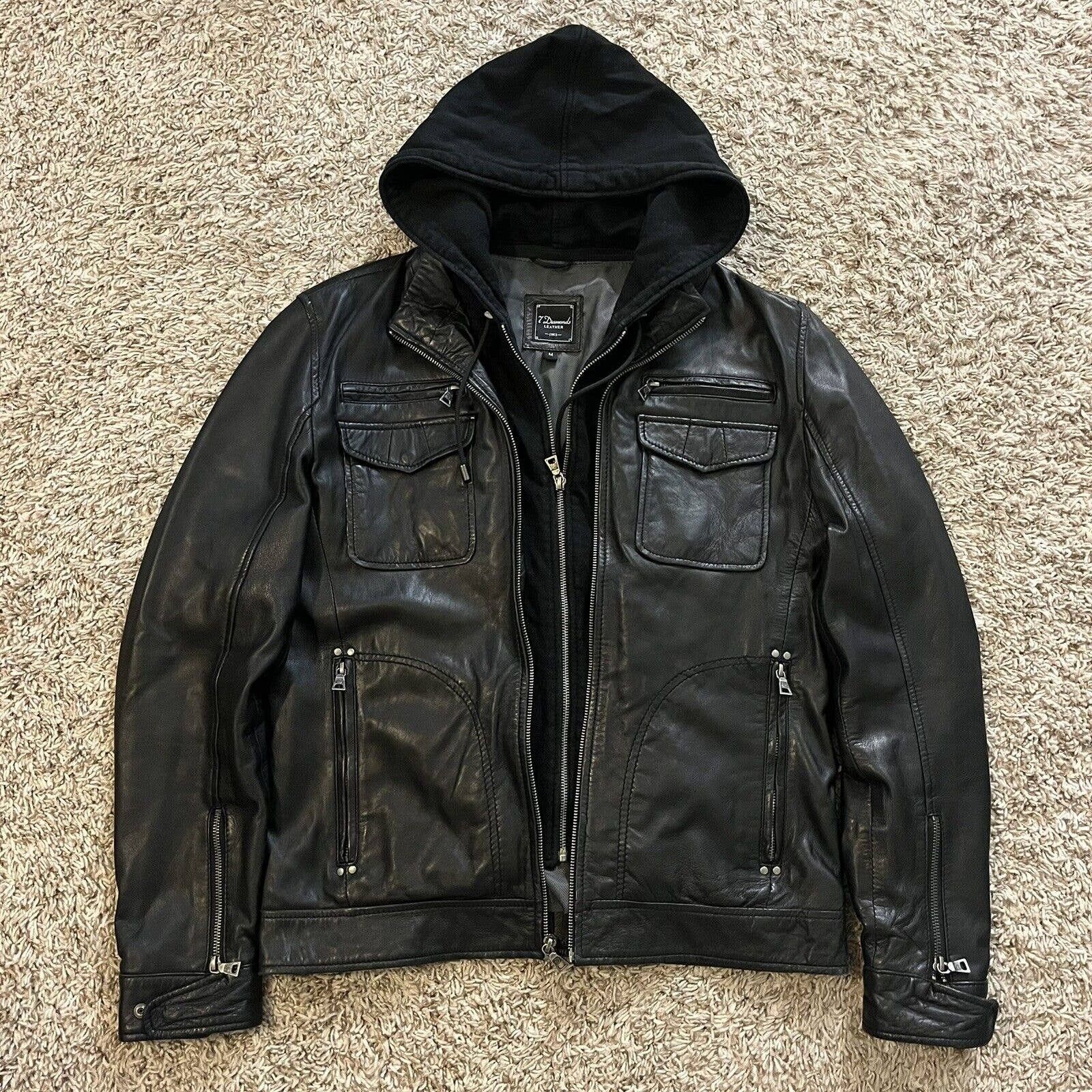 7 Diamonds Manila Leather Hoodie Lined Full Zip Motorcycle Jacket | Grailed