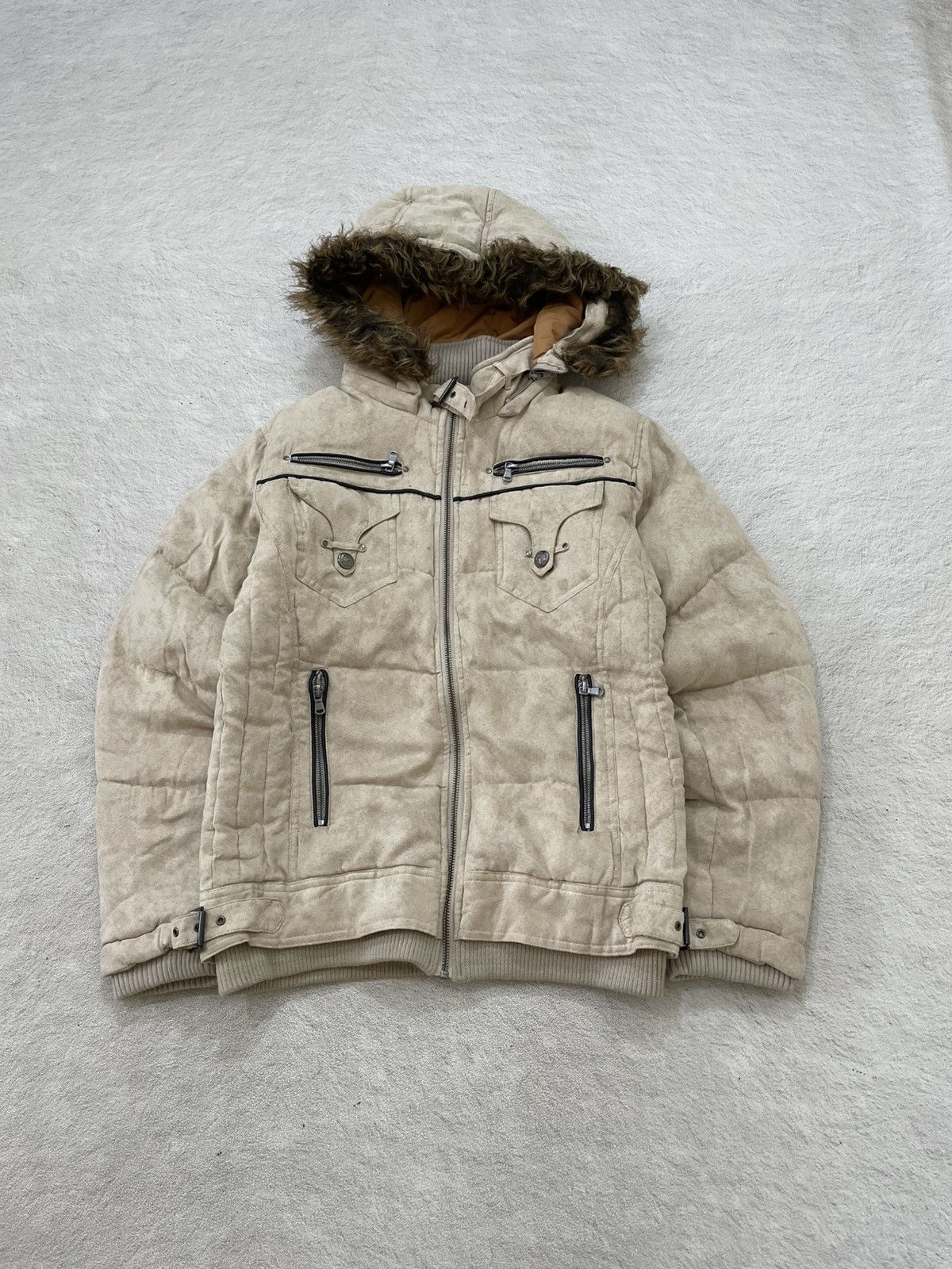 14th Addiction 2000s Japanese Beige Fur Hood Puffer Jacket ribbed hem ...