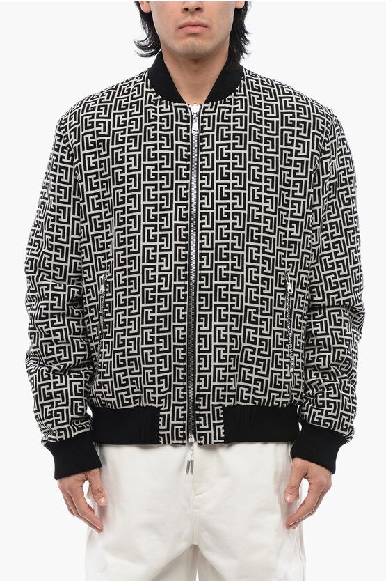 Balmain Monogram Patterned Reversible Bomber Jacket with Front Zip ...