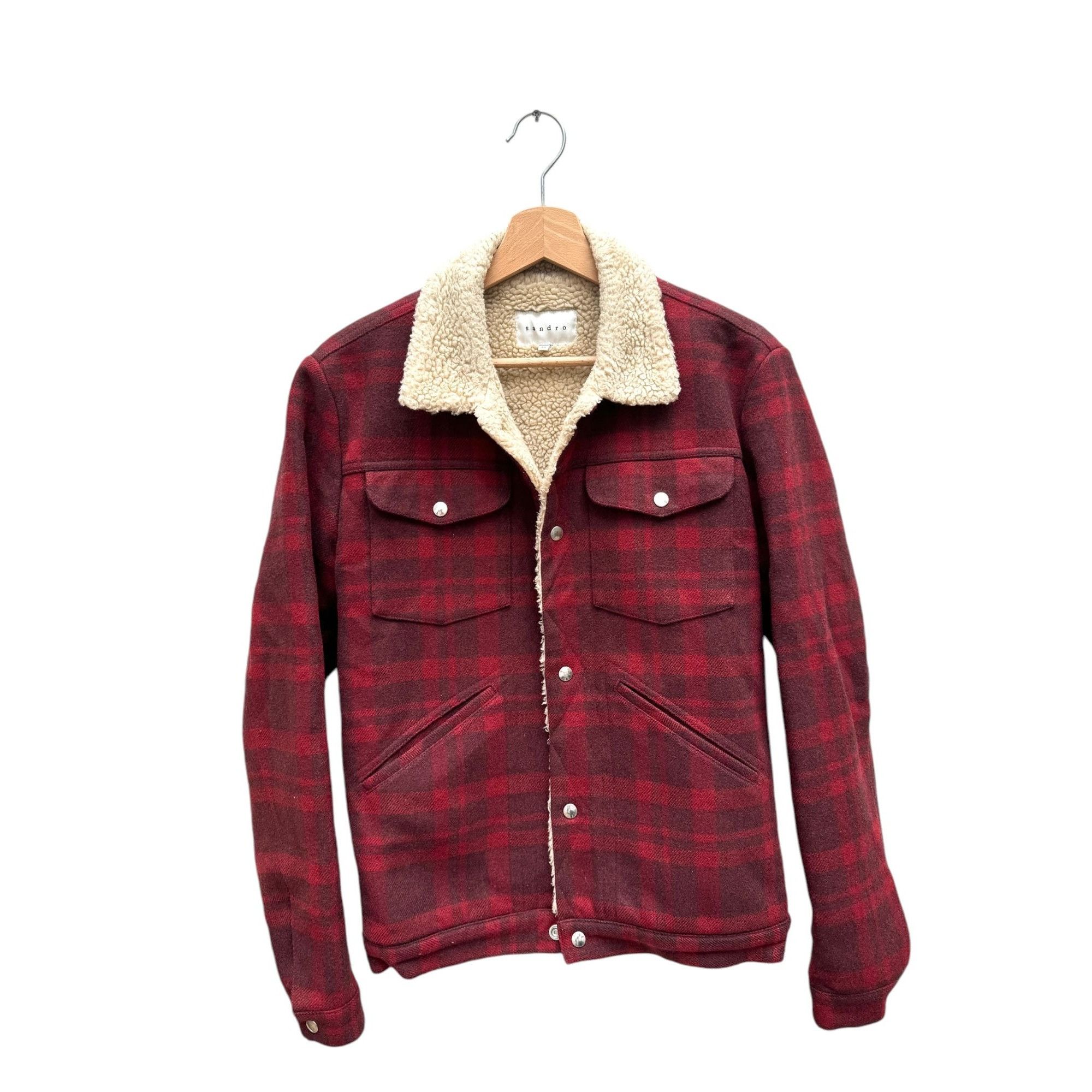Sandro Red Wool check shearling jacket | Grailed
