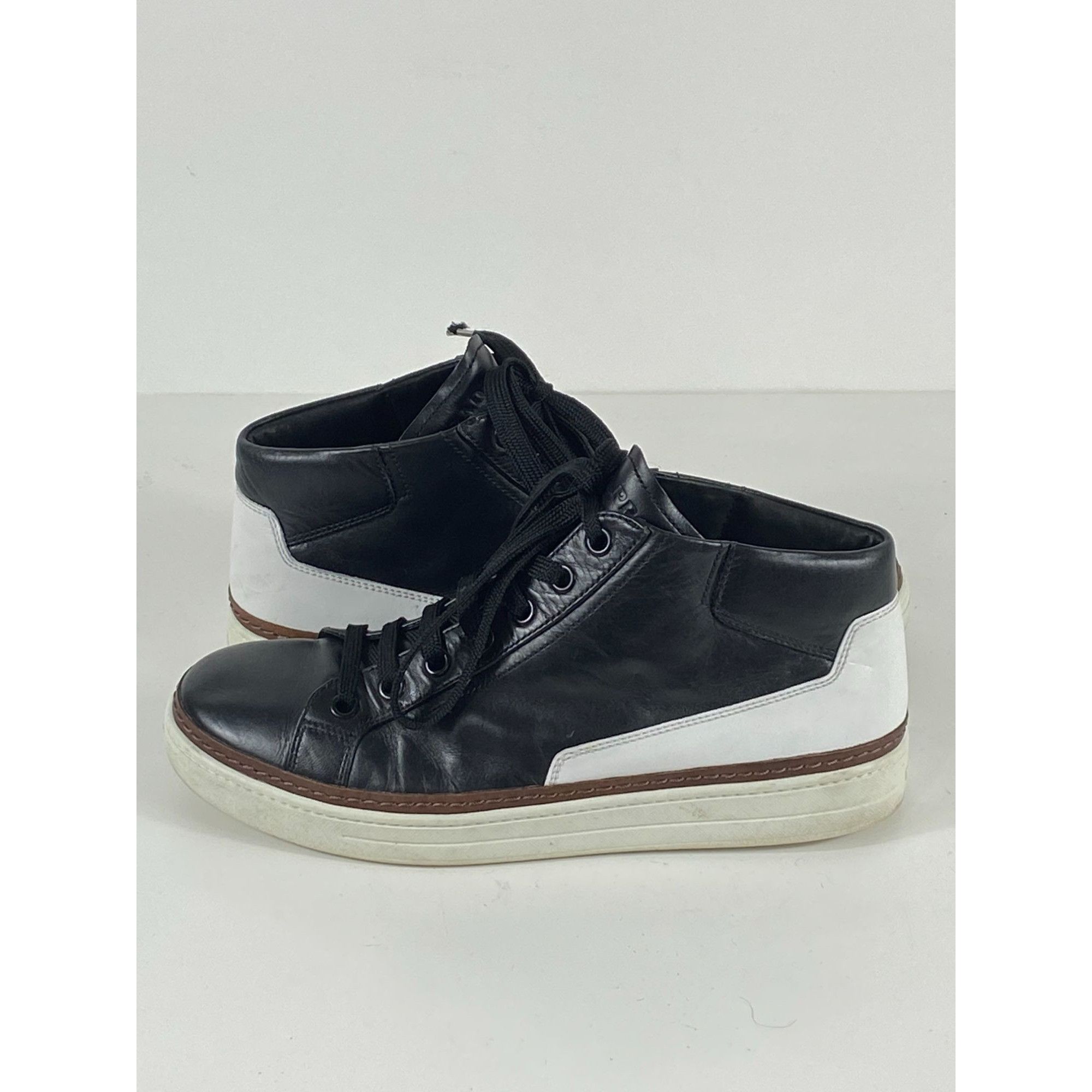 Prada Prada Lace Up Leather Mid High Top Sneakers Black w/ White ...