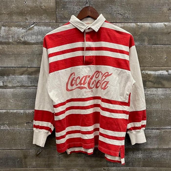 Coca Cola Vintage 1980s Coca Cola Red & White Striped Rugby Shirt M ...