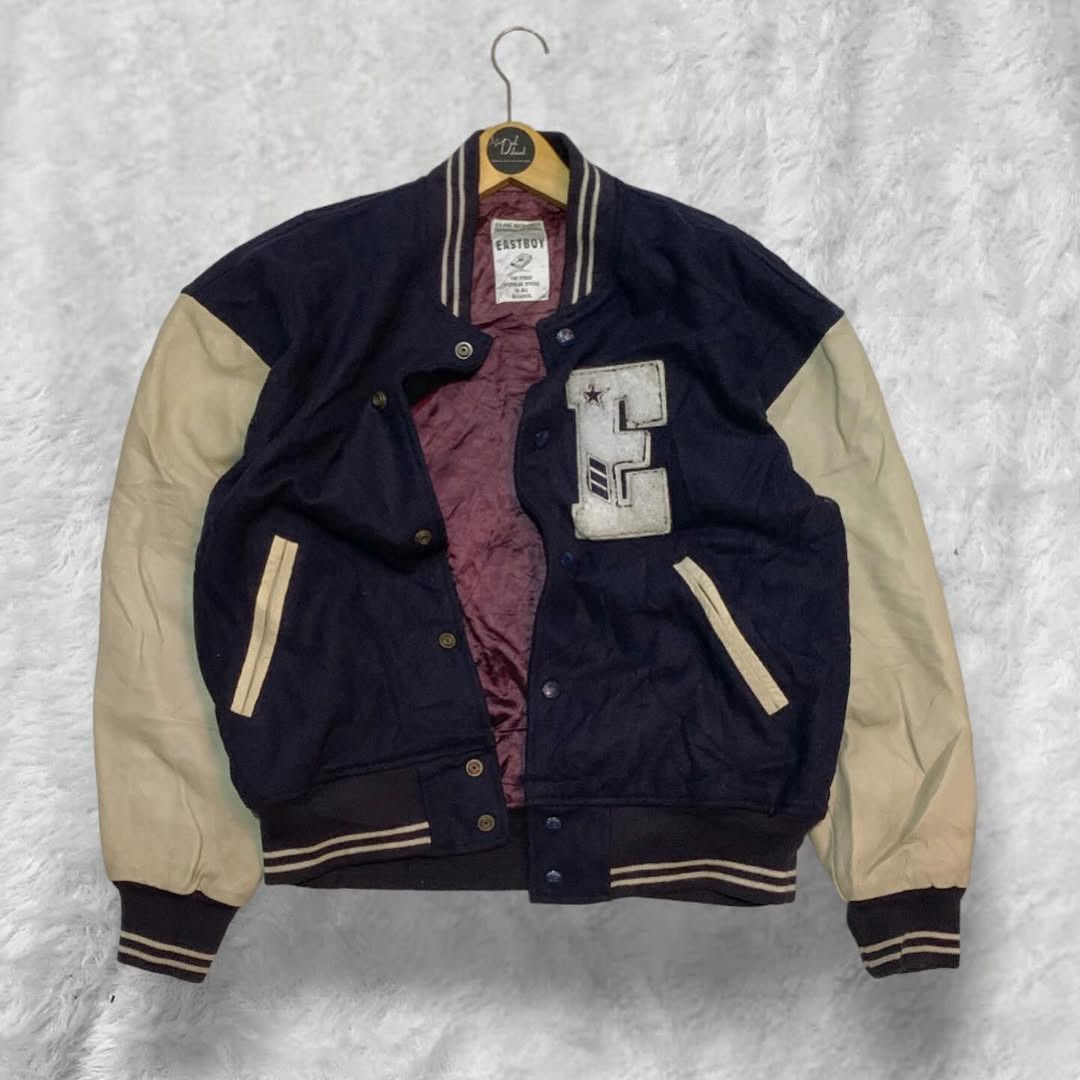Varsity × Varsity Jacket × Vintage Eastboy Varsity Navy Leather Varsity ...