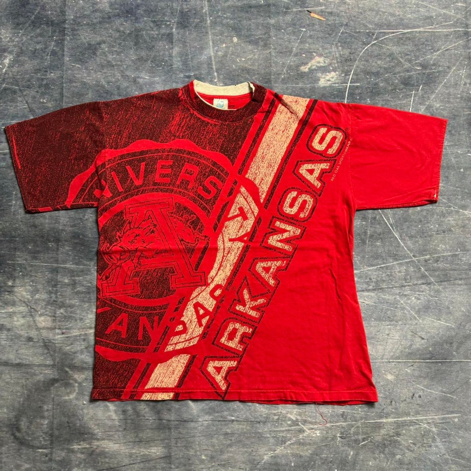 Vintage VTG 90s Arkansas Razorbacks University Logo AOP Red T-Shirt ...