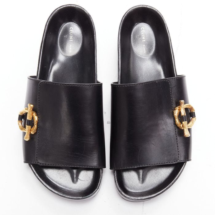 Celine new OLD CELINE Phoebe Philo gold bamboo buckle black leather ...