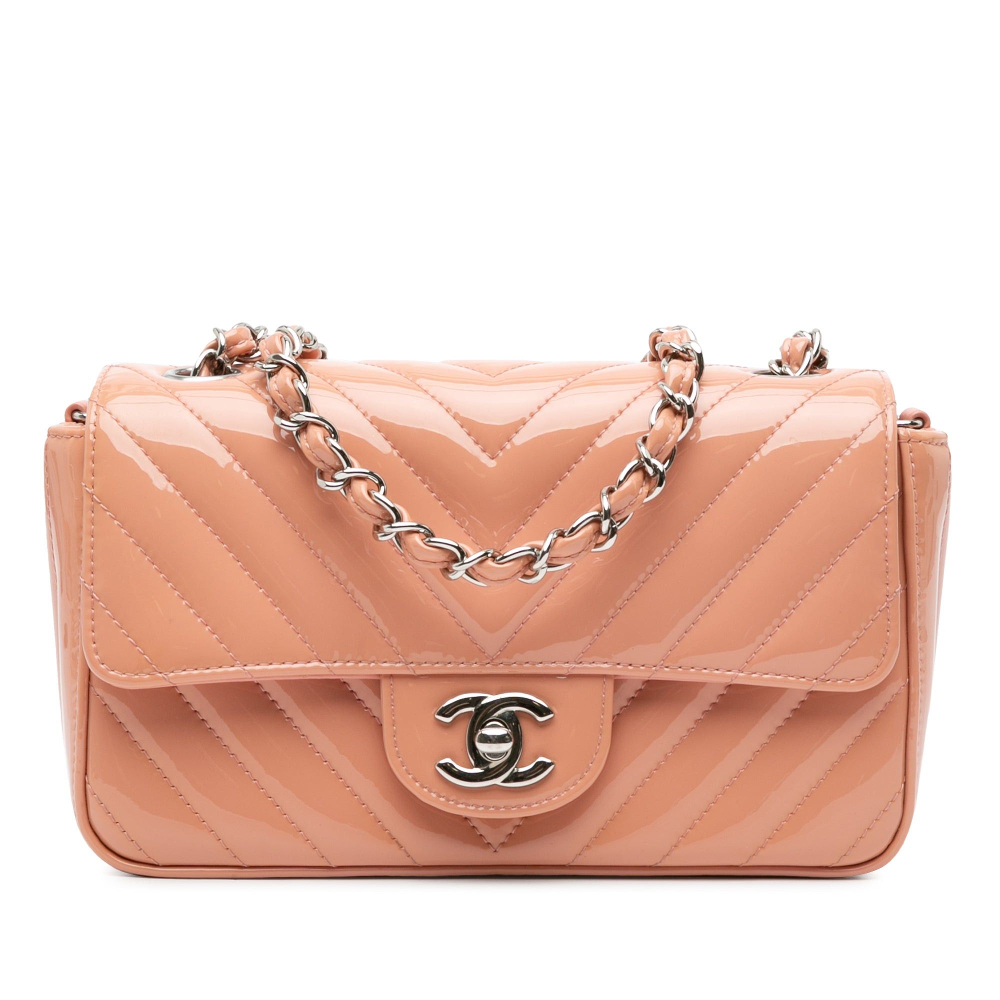 Chanel Pink Mini Rectangular Classic Chevron Patent Single Flap ...