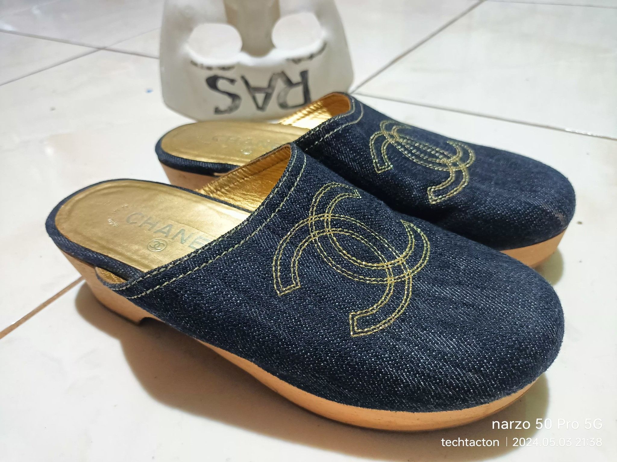Chanel VTG CHANEL BLUE CC LOGO DENIM CLOG SHOES | Grailed