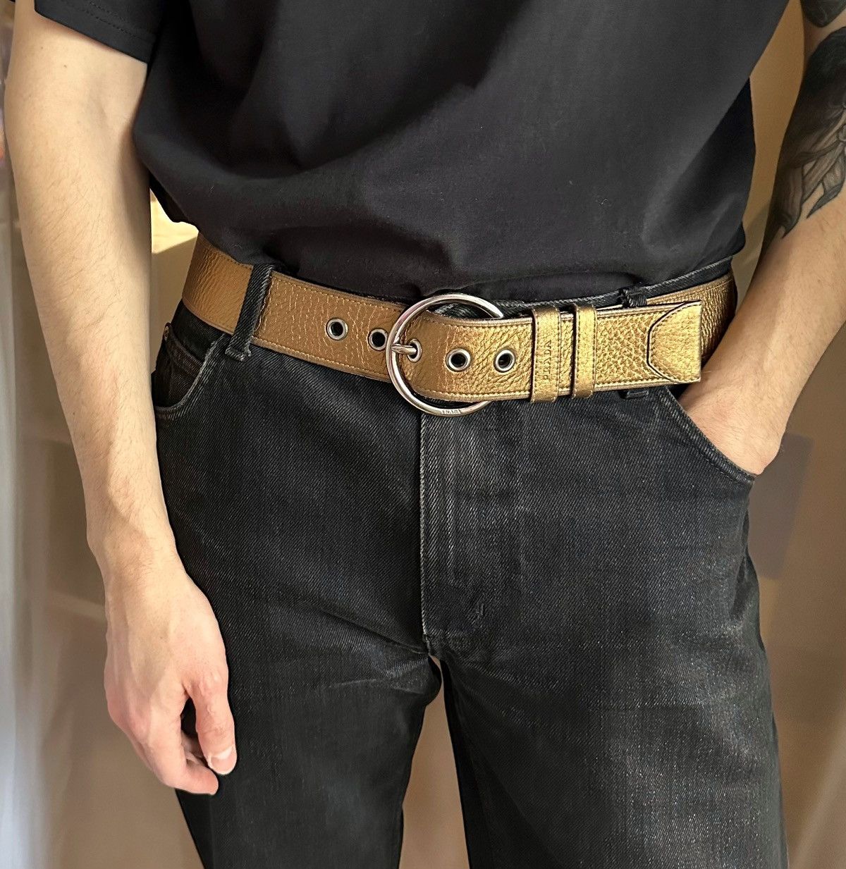 Vintage PRADA Gold Metallic Belt y2k designer Dior punk hedi slimane ...