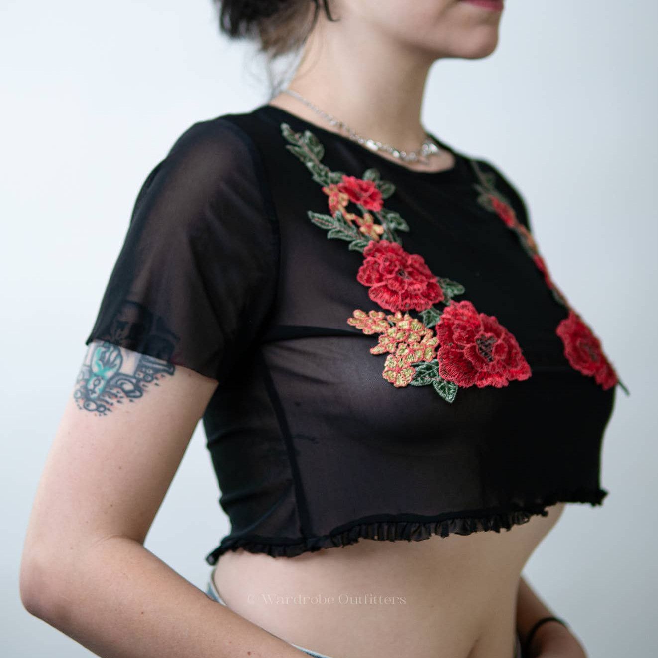 Designer Embroidered Floral Rose See Through Sheer Mesh Rave Crop Top ...