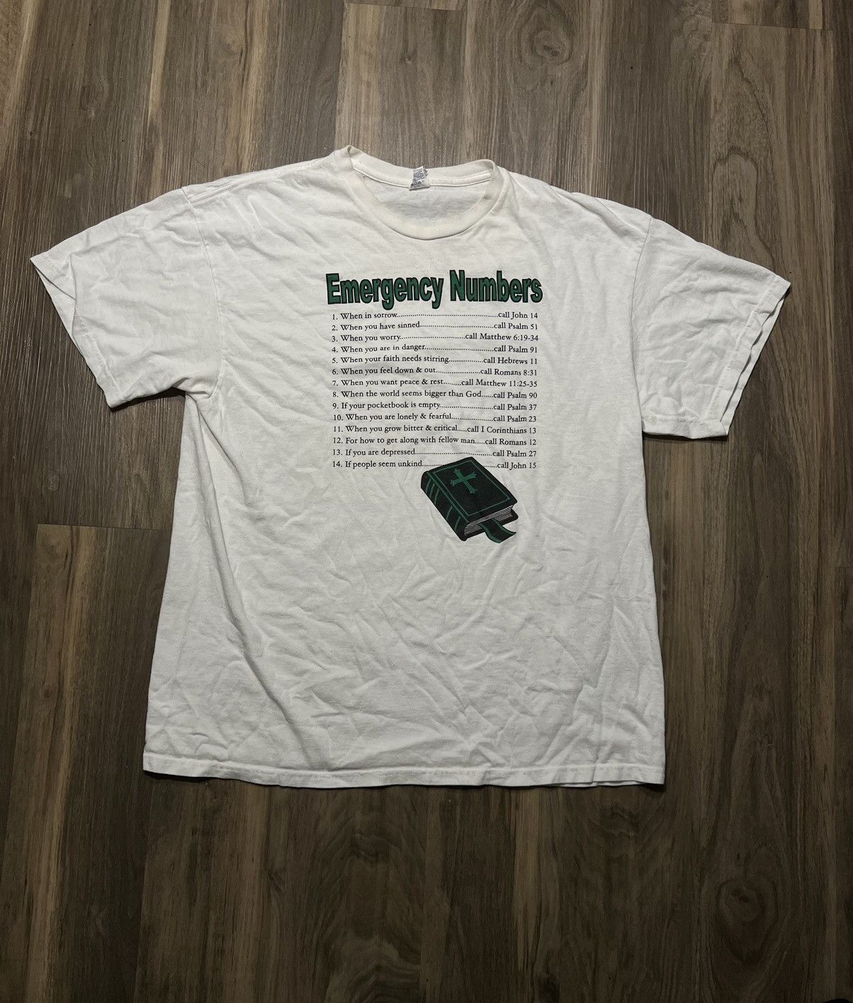 Streetwear × Vintage Vintage Bible Emergency Numbers Jesus Christ T ...