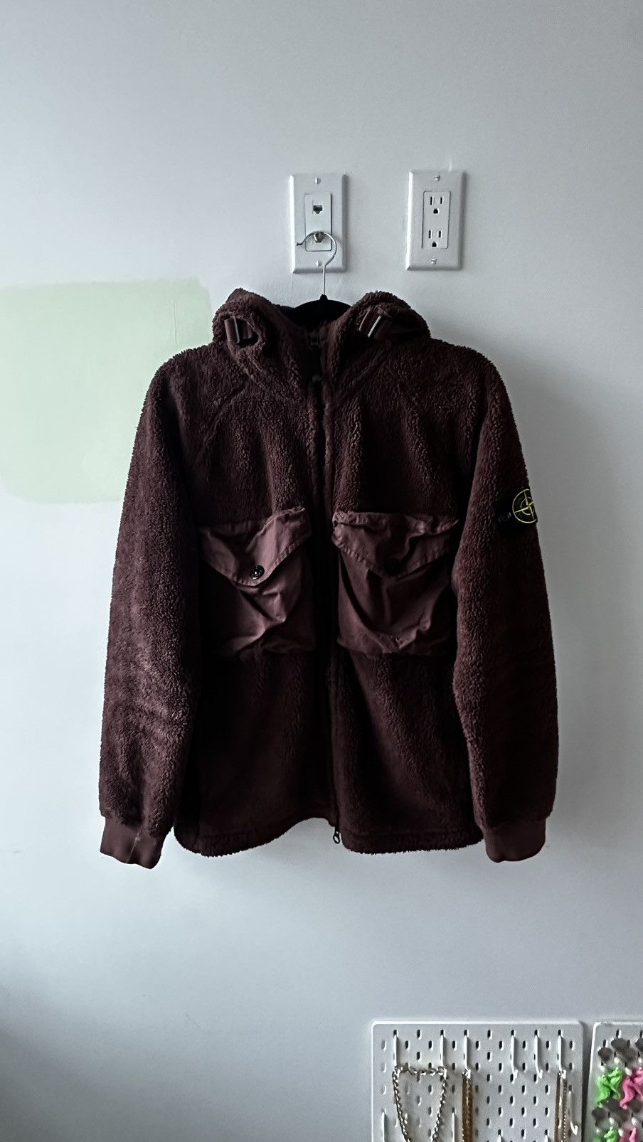 Stone Island Fleece “Cotton Pile” Hooded Jacket. Burgundy. M ...