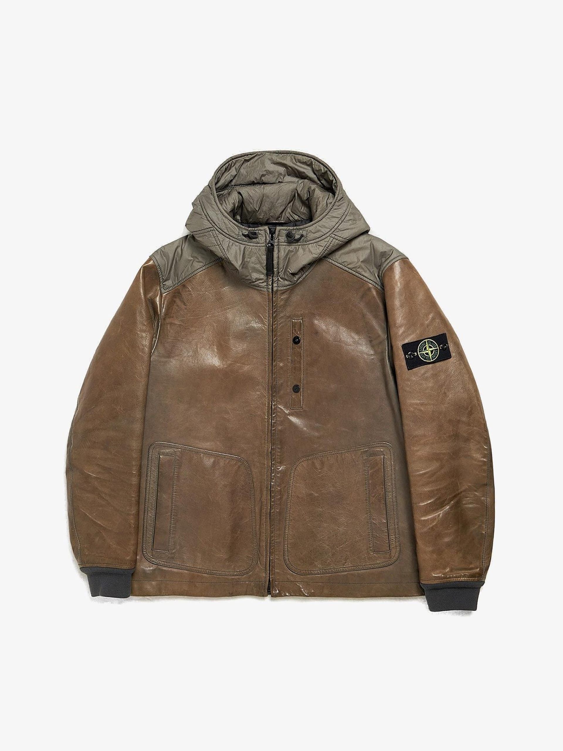 Stone Island Gray Patched Hooded Leather Bomber Jacket | Grailed