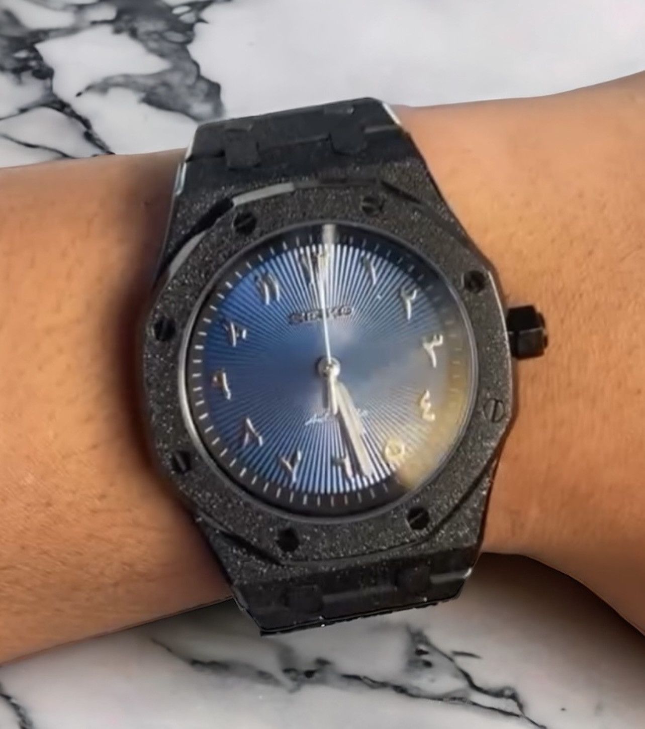 Seiko Seiko Mod AP Royal Oak Navy Arabic Dial Black Diamond Watch | Grailed