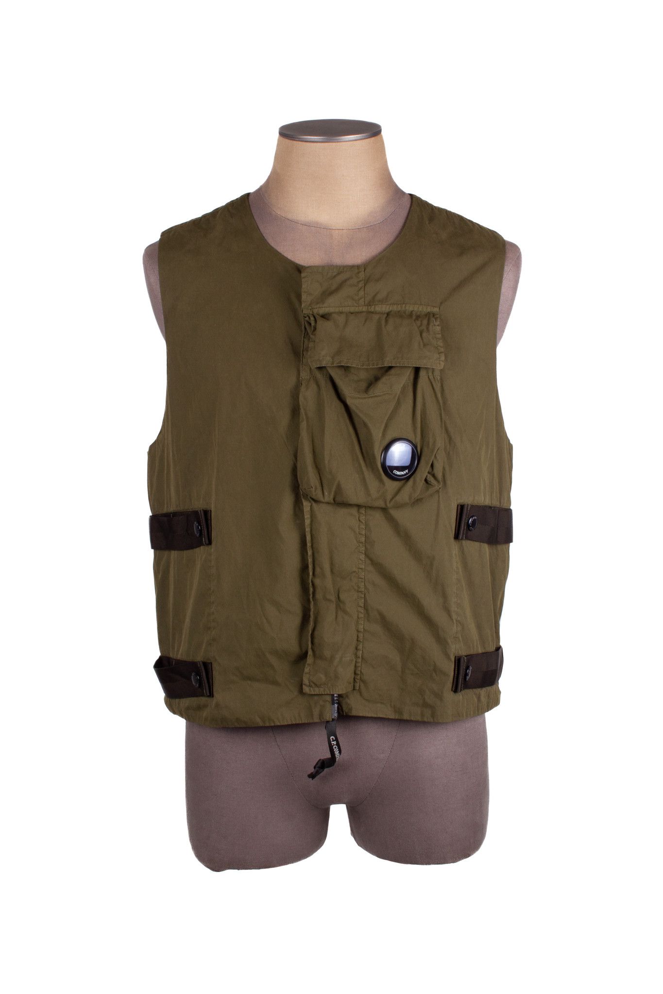 C.P. Company C.P. COMPANY LOGO LENS DARK OLIVE COTTON BLEND VEST | Grailed
