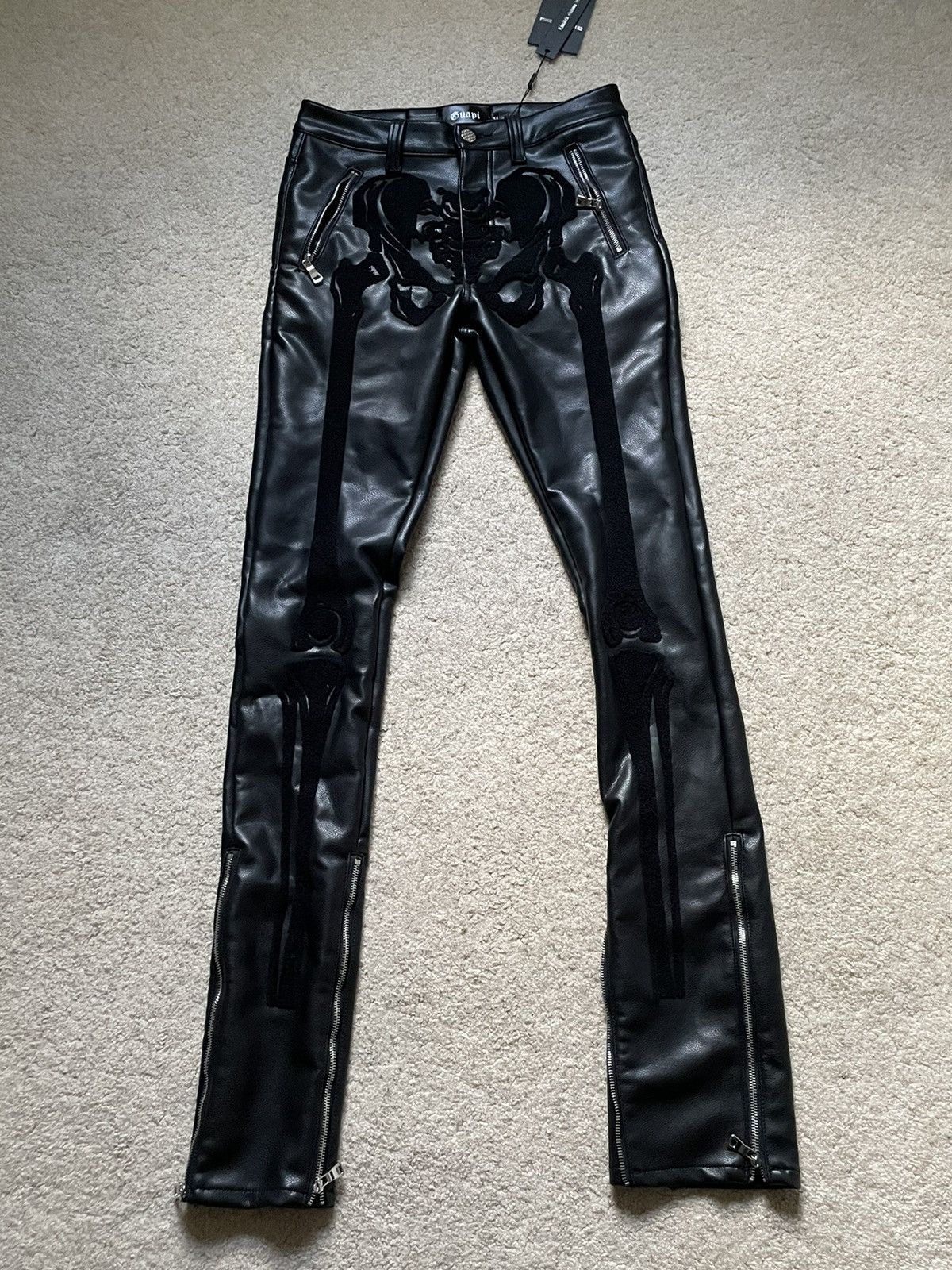 Designer GUAPI Skinny Stacked Skeleton Leather pants Black | Grailed
