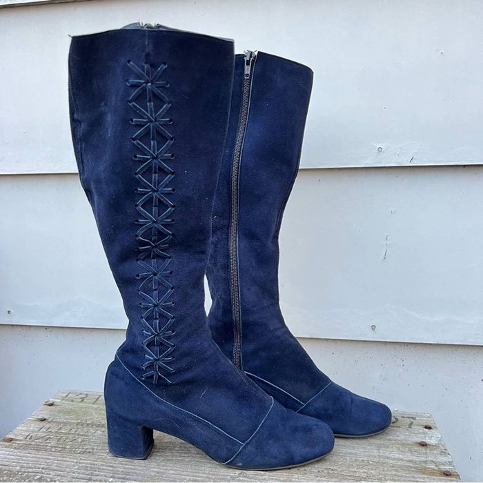 Vintage 60s 70s Corona Scarpa navy blue suede knee high go go boots ...