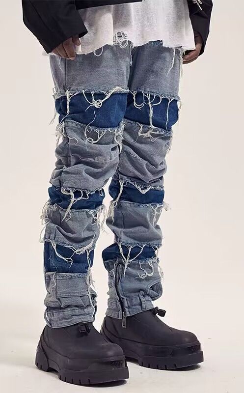 Japanese Brand Street raw edge patchwork color straight jeans | Grailed