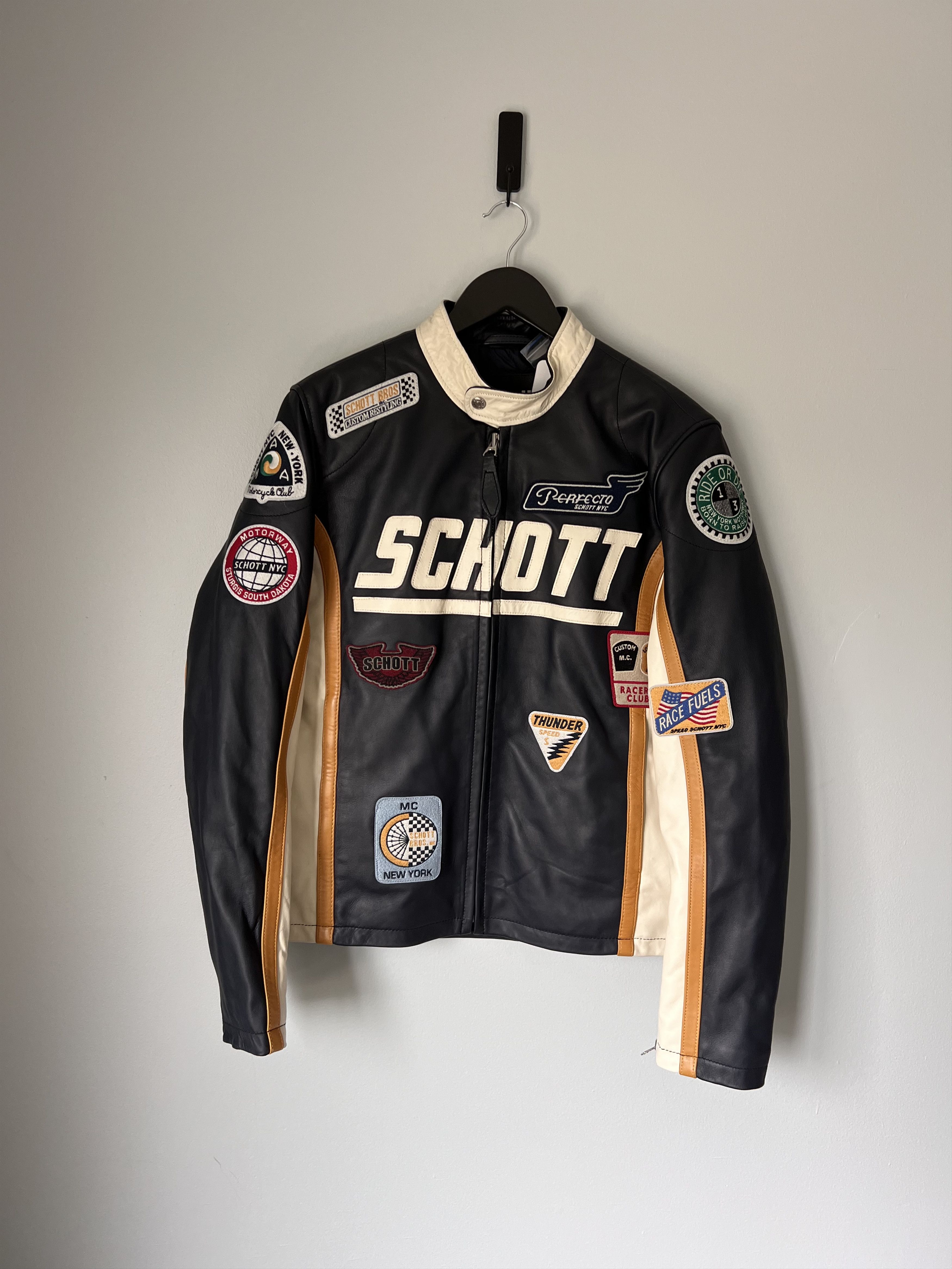 Schott Schott NYC Logo Leather Biker Jacket with Patches in Black | Grailed