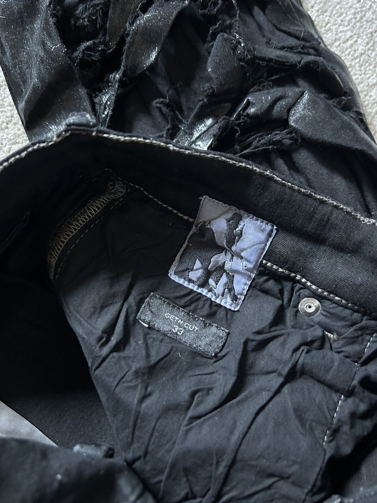Rick Owens GETH CUT Rick Owens DRKSHDW Waxed Slashed Black BAGGY Jeans ...