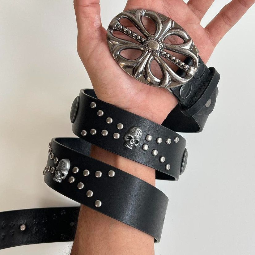 Leather Y2K 2000s skeleton cross studded goth emo black belt | Grailed