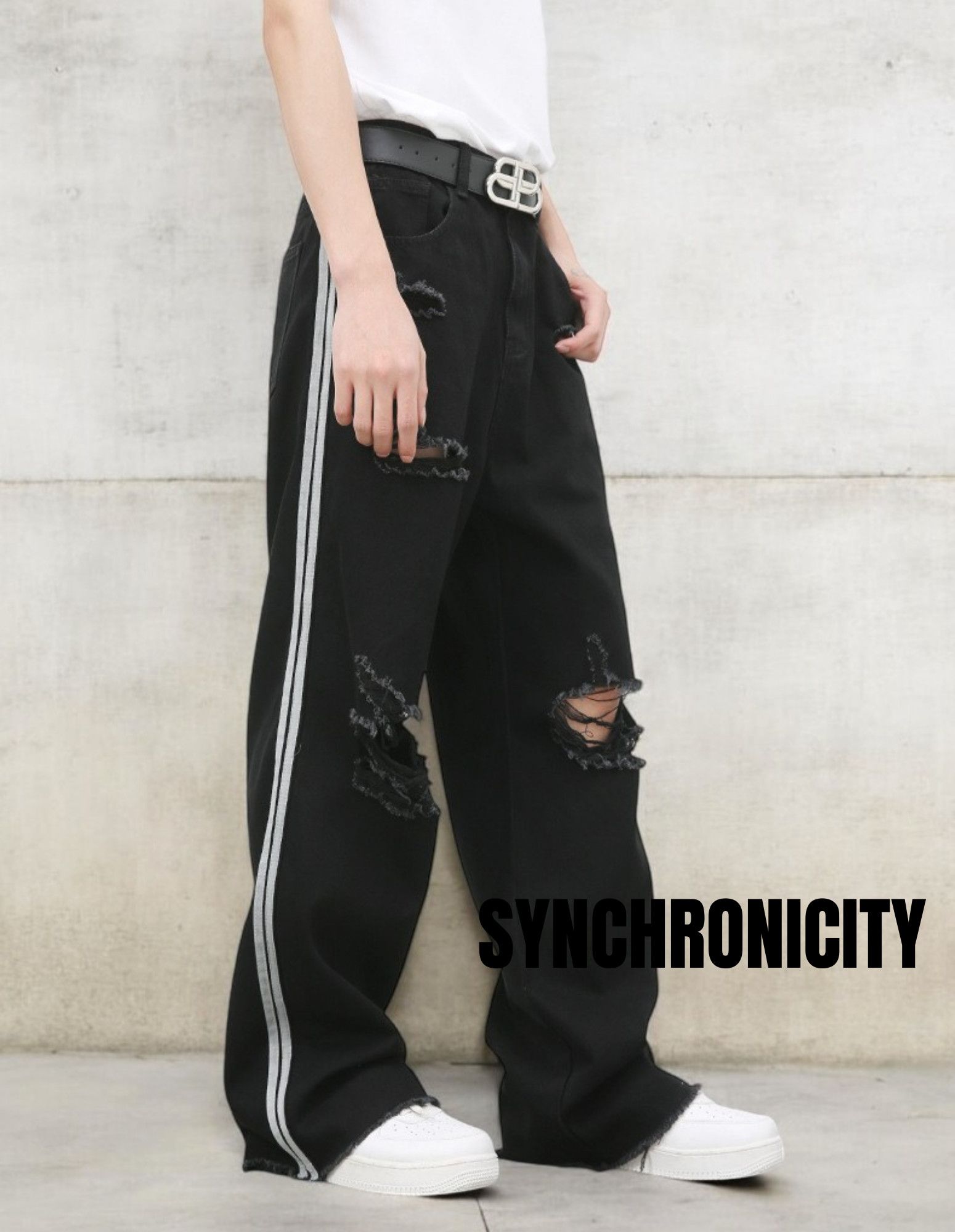 Streetwear Black Distressed Track Baggy Denim Jeans, Ripped Jeans | Grailed