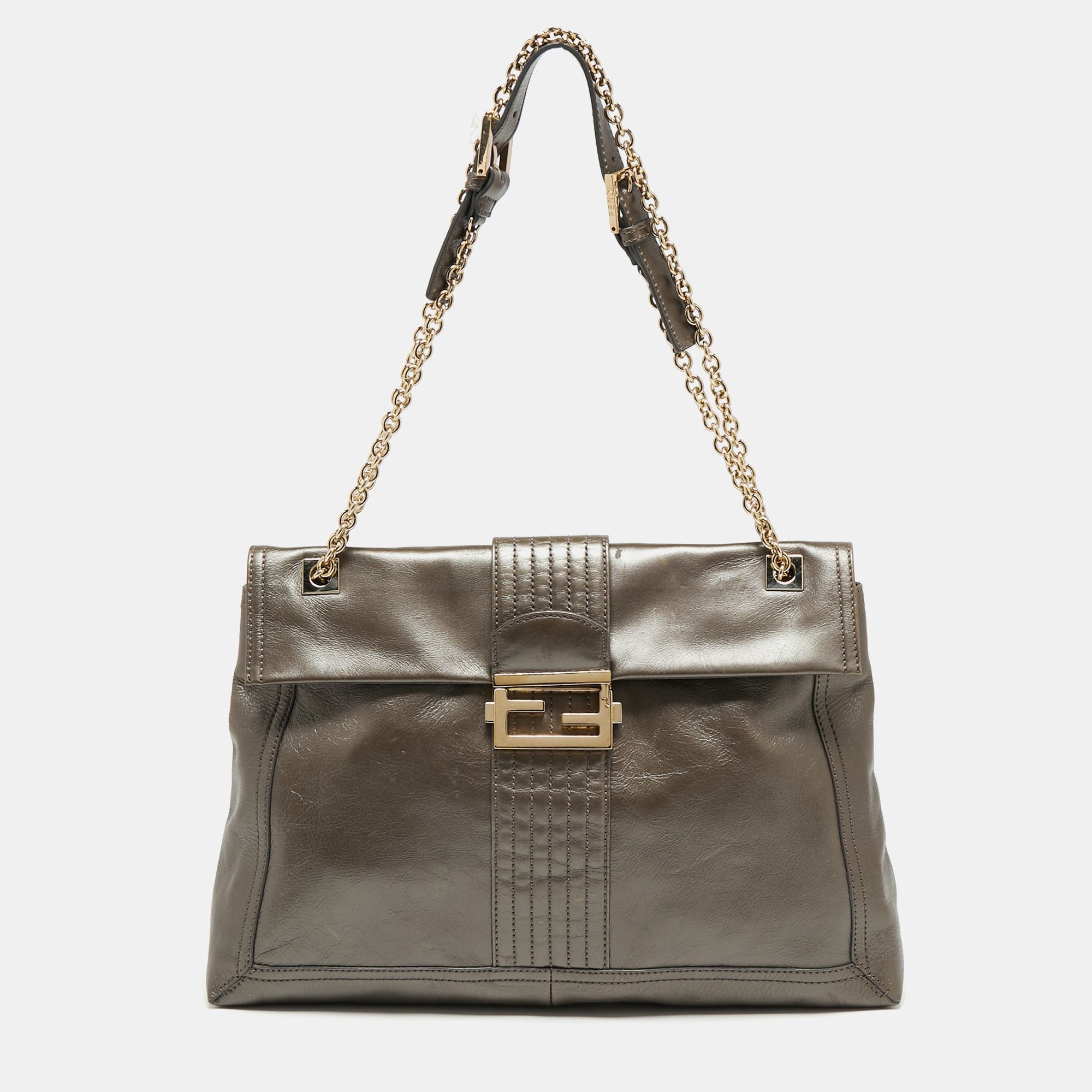 Fendi Fendi Metallic Grey Leather Maxi Studded Baguette Flap Shoulder ...