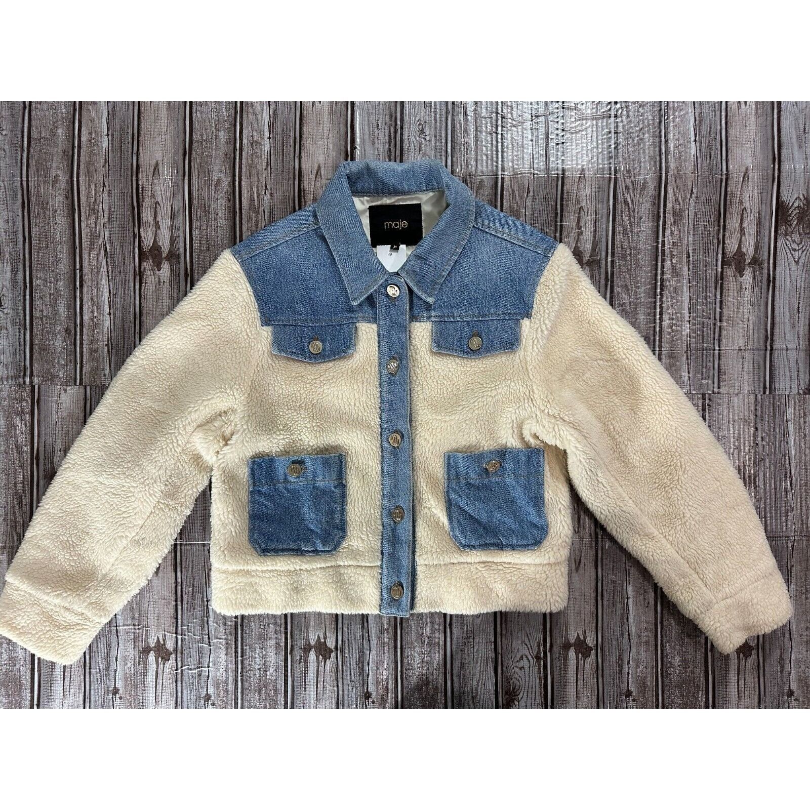 Maje Maje Bamia Denim Trim Faux Fur Jacket size 36 color demin iv | Grailed