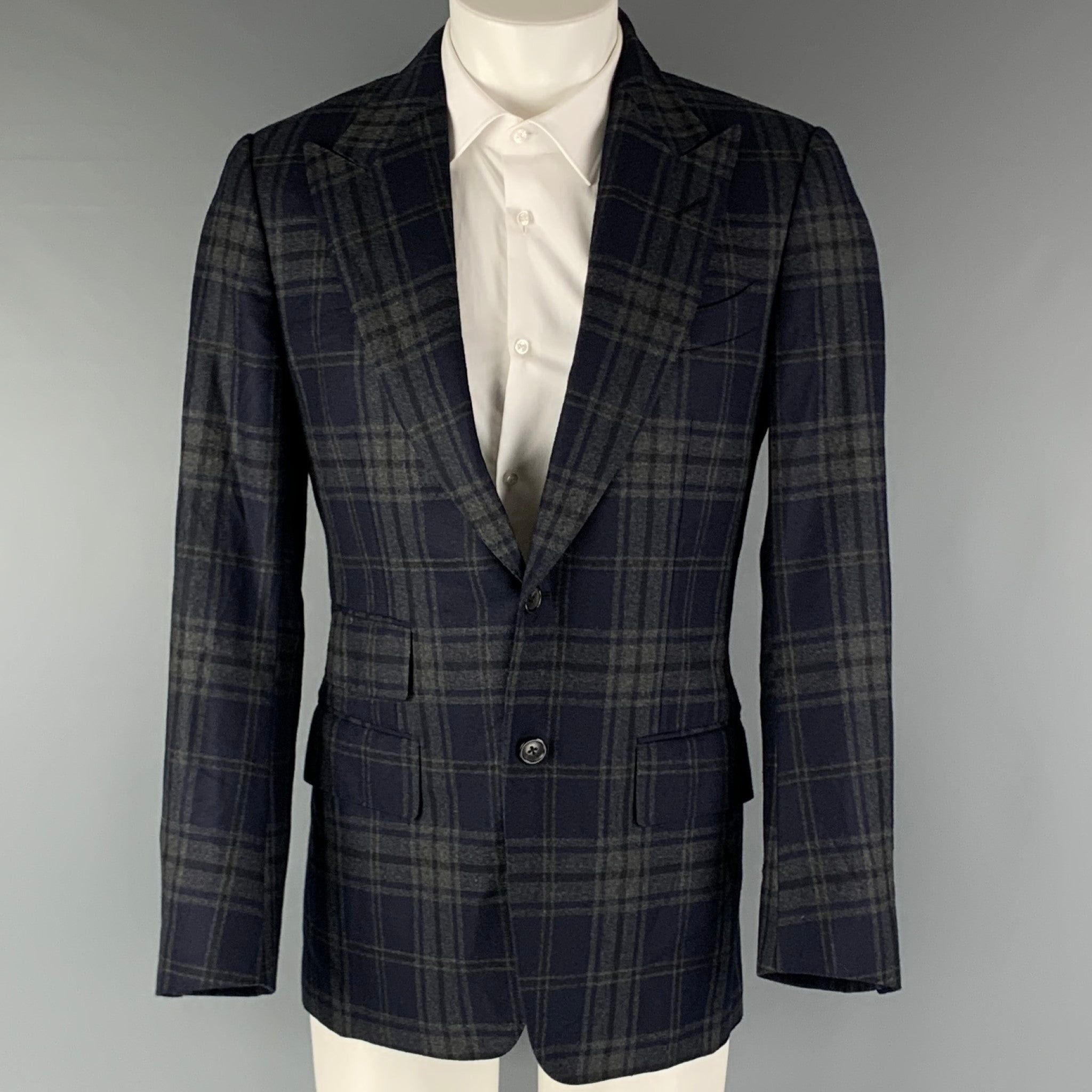 Tom Ford TOM FORD Chest Navy Grey Plaid Wool Cashmere Peak Lapel Sport ...
