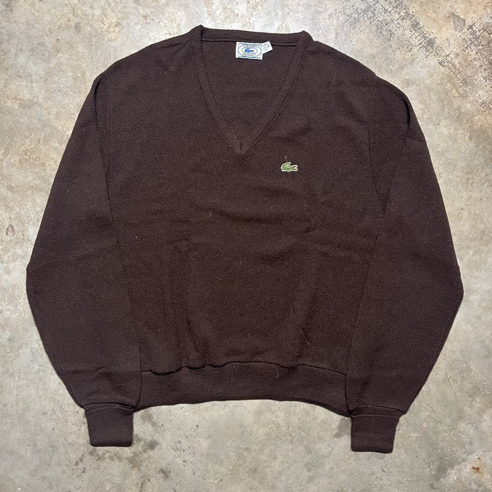 Lacoste × Made In Usa × Vintage Vintage 70s Izod Lacoste Brown Acrylic V-Neck Sweater | Grailed
