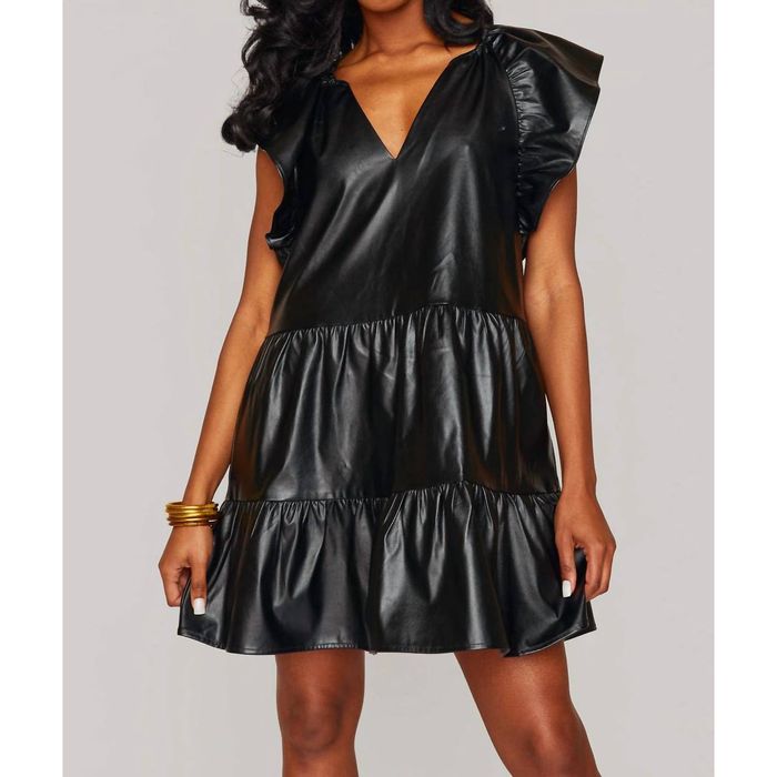 Buddylove Buddylove Ronnie Ruffle Sleeve Leather Dress In Black Grailed
