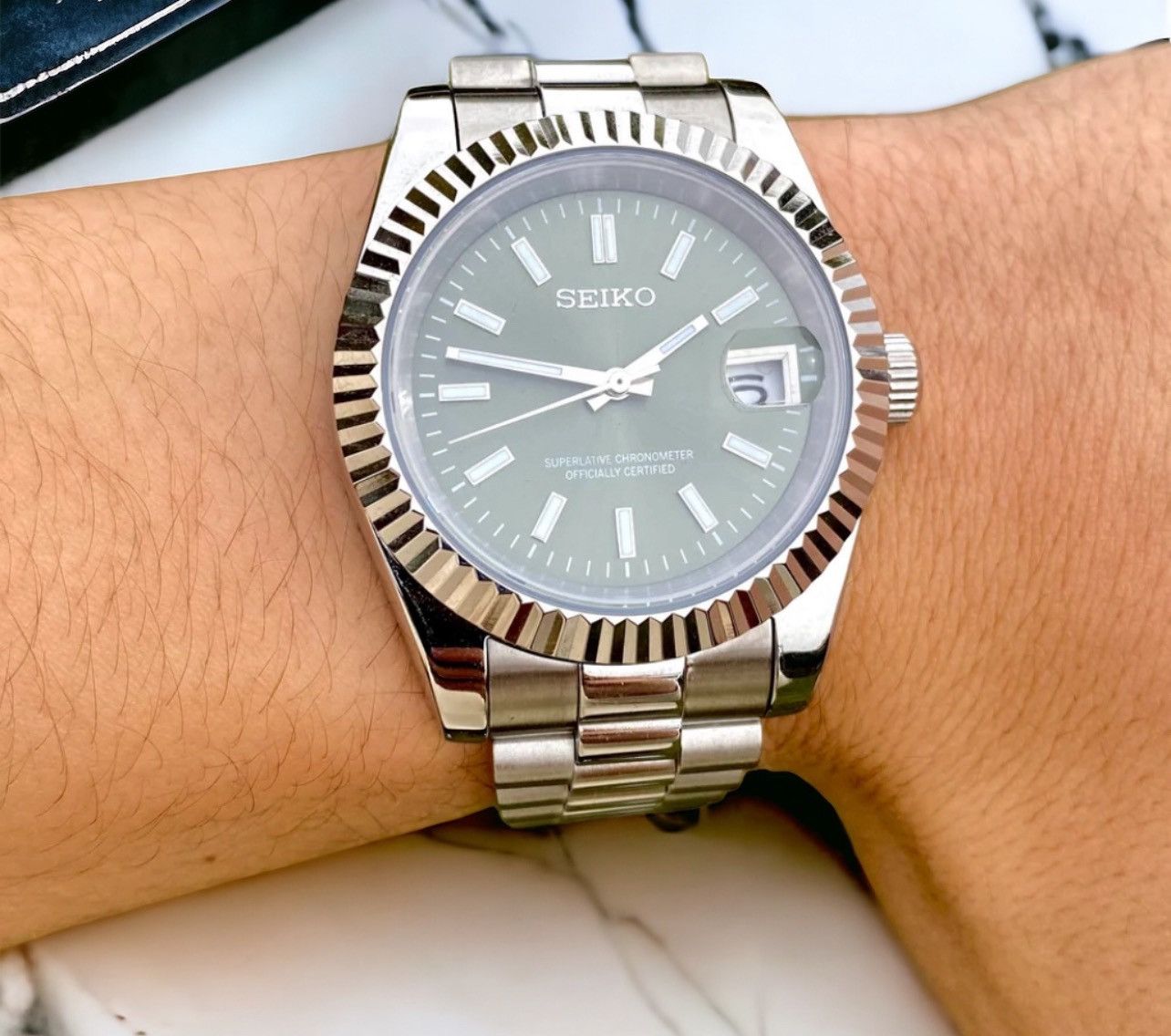 Seiko Seiko Mod Datejust Olive Green Dial Steel Presidential Watch ...