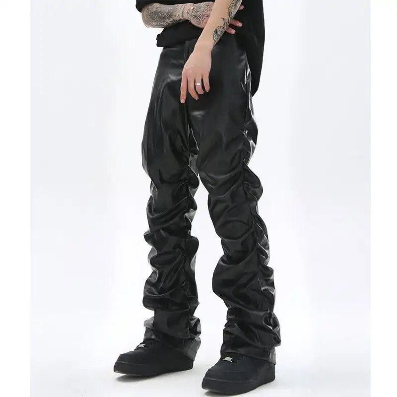 Jean × Streetwear Black PU Leather Stacked Flare Jeans | Grailed