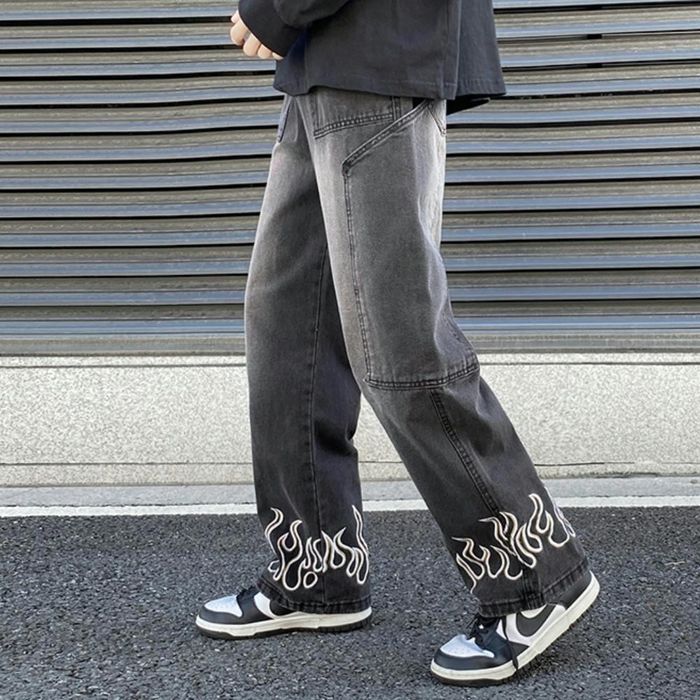 Streetwear Fire Straight Baggy Denim Jeans | Grailed
