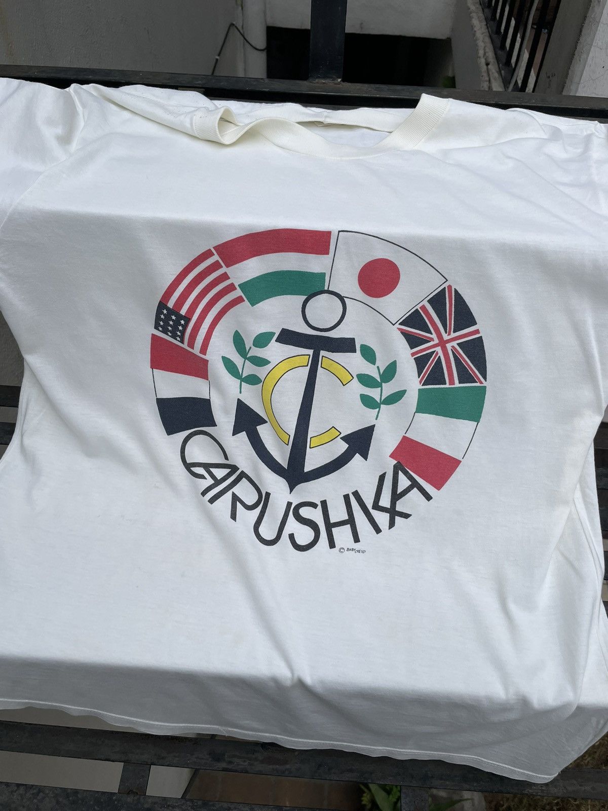 1990x Clothing × Vintage 90s Carushka Bodywear Navy Anchor Flags Tee ...