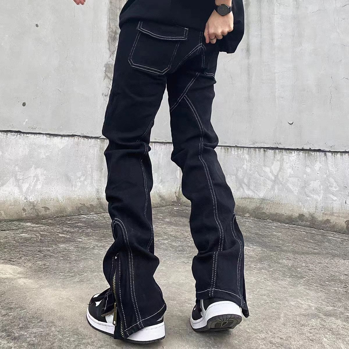 Japanese Brand High Street Topstitched Slim Fit Slit Zip Micro Flare ...