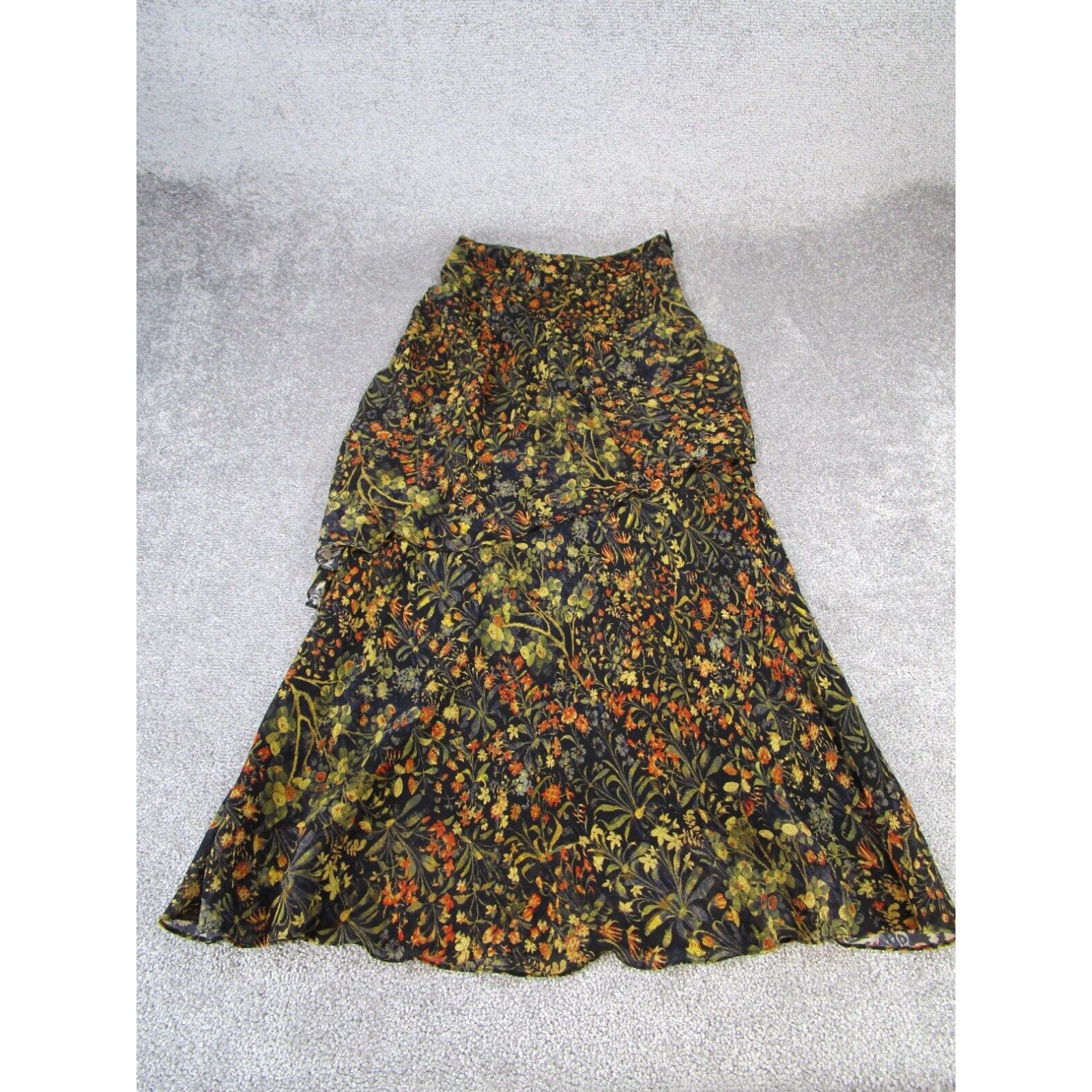 Vintage Peruvian Connection Skirt Womens 2 Black Yellow Floral Tiered ...
