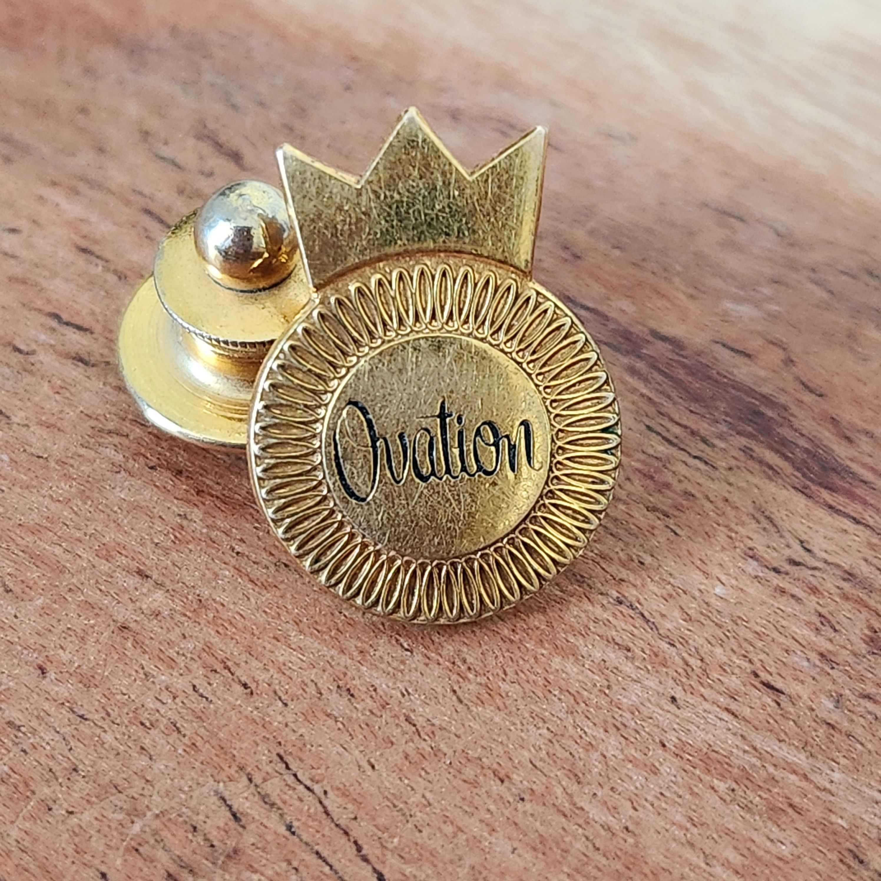 Vintage Vintage ovation golden pin 60s cursive font award medal con ...